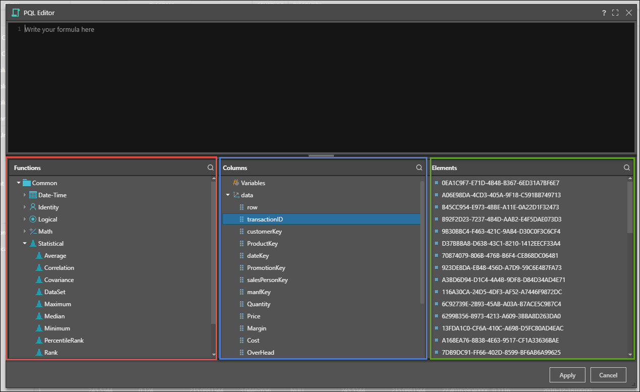 Custom Column PQL Editor